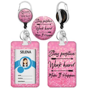 positive badge holder with retractable reel, funny id card badge case with carabiner clip heavy duty, vertical card name tag badge protector cover for work office nurse teacher women student gifts