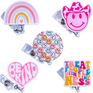 5 pc cute nurse badge reel retractable name tag id clip holder retro pink cowboy smiley face be kind heart rainbow for nurses nursing student rn pediatric teacher funny office work accessories