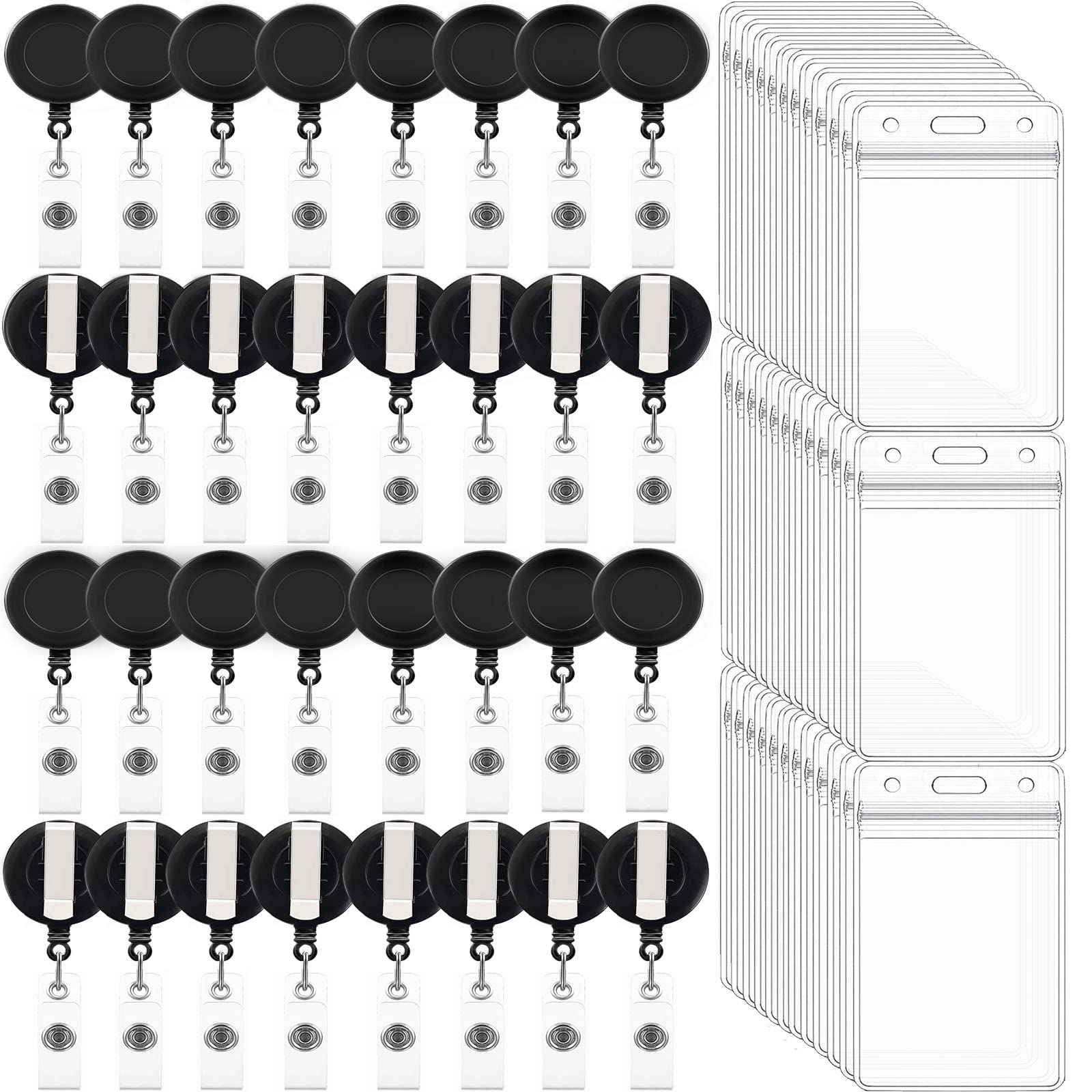 100 Pack Retractable Badge Reel Clips with 100 Pack Vertical ID Card Holders Retractable Badge Holders with Clip ID Badge Clips with Name Card Holder for Nurses Office School,Black