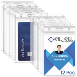 12 pcs extra thick id card badge holder, vertical clear pvc card holder with waterproof resealable zip type (2.6×3.7 inches inner size)