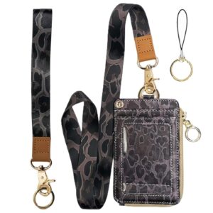 bolimoss leopard id badge holder with lanyard, cheetah print lanyard wallet with zipper key chain,pu leather id name tag work badge clip heavy duty for nurse teacher doctor student office