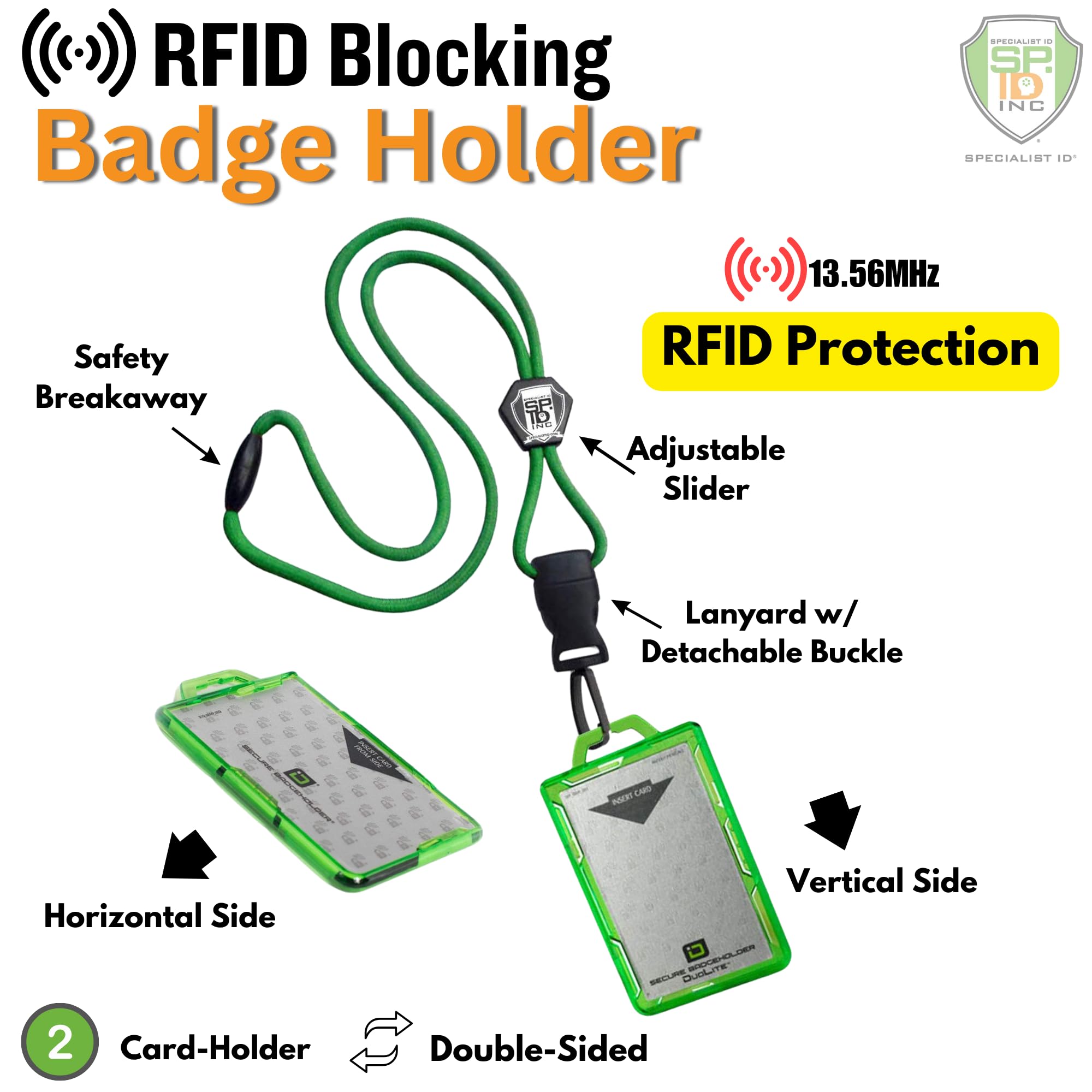 Specialist ID Detachable Lanyard and Identity Stronghold 2-Card RFID Blocking Badge Holder - 2 Sided/Blocks 13.56MHz Signal - Double Sided - Secure CAC PIV TWIC Card Holder (Black)