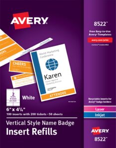 avery customizable name badge and ticket inserts, 6" x 4.25", white, 100 printable name tag inserts with tickets (8522)