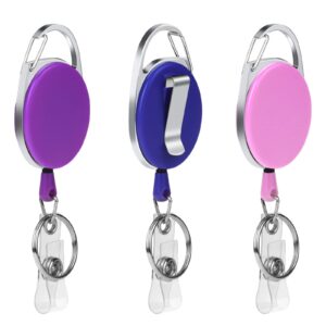 aomig 3pcs retractable badge reel with carabiner badge holder, badge reels retractable heavy duty with carabiner reel clip and ring, badge holders for id card key keychain(pink&purple&blue)