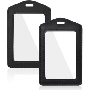 2 pcs genuine leather id badge holder vertical double-side clear card holder waterproof name badge holder for office, staff, students, employees(black&black)