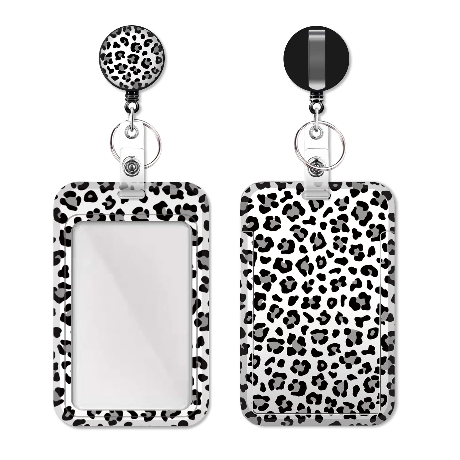 Retractable Badge Holder, with Carabiner Scroll Clip and Keychain, Vertical ID Card Badge Holder, Cute and Fashionable Design Snow Leopard, Badge Holder for Office, Nurse, Teacher（Snow Leopard）