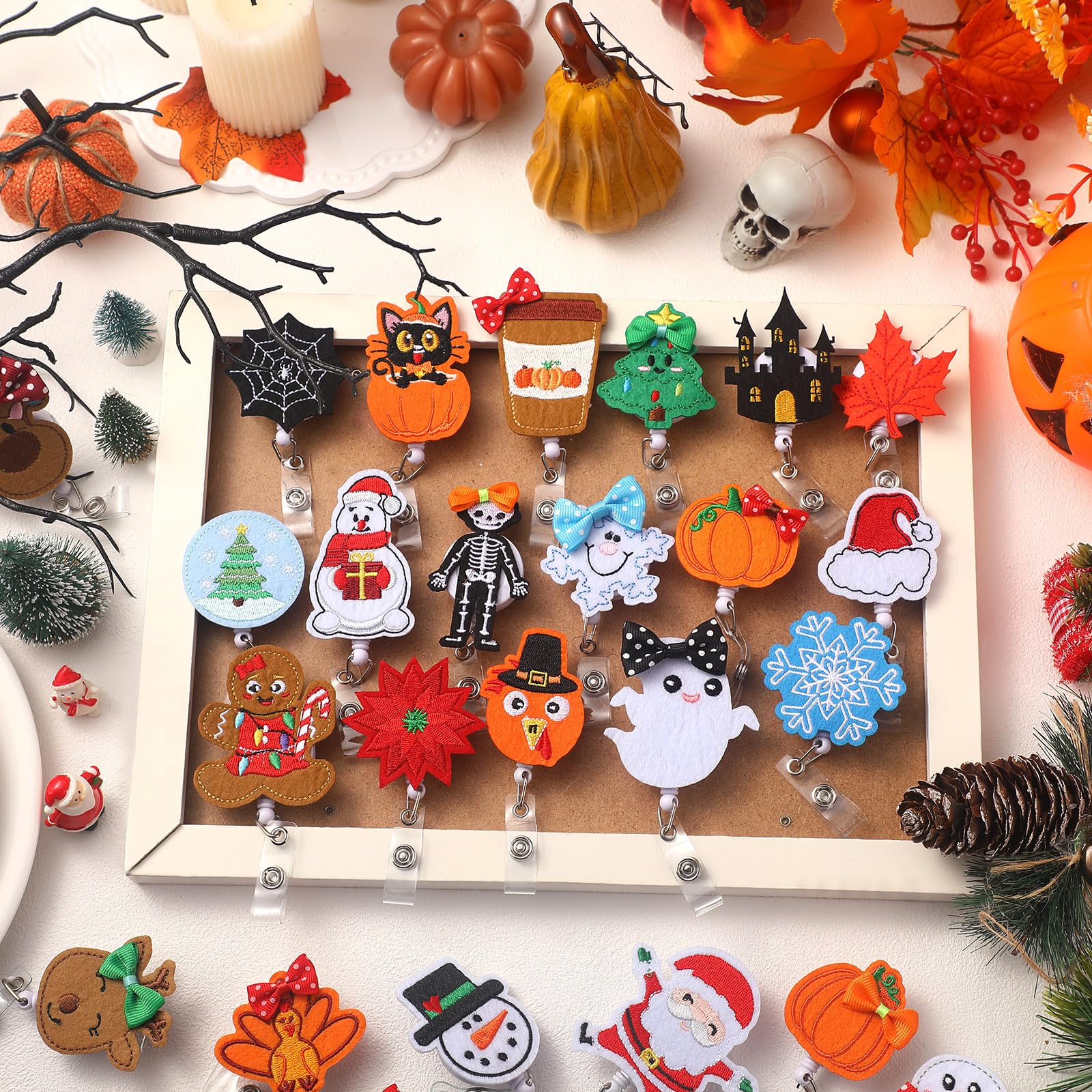 Barydat 27 Pcs Halloween Fall Badge Reel Retractable Felt Badge Reels Thanksgiving Christmas Acrylic Badge Holder Ghost Bat Pumpkin ID Name Holder with Clip for Nurse Doctor Teacher Gifts