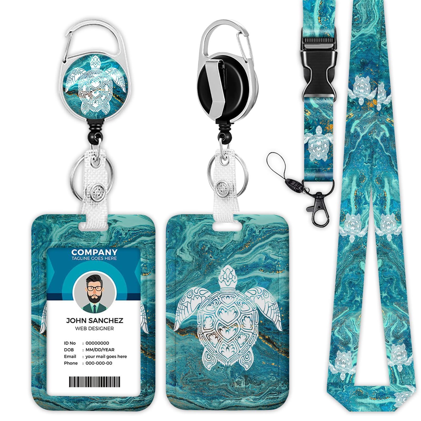 BAIJEN Sea Turtle Lanyards for ID Badges, Cute Badge Reel Retractable Badge Holder with Lanyard for Teacher, Women, Kids