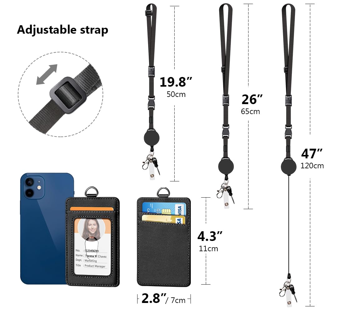 Leather Badge Holder and Adjustable Retractable Lanyards, Quick Release Buckle and Safety Breakaway Lanyards with Swivel Metal Clasp for Offices, Staff, Students, Employees