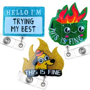 3 pc funny badge reel retractable with id name tag card cute this is fine dumpster fire hello badges for nurse nurses nursing rn cna ma lpn best work office coworker alligator clip accessories gift