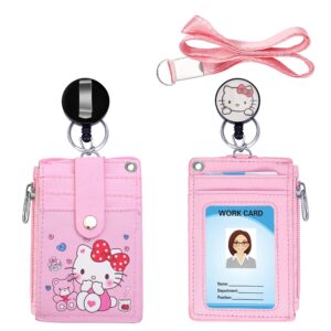 【2024latest】cute id badge holder retractable lanyard reel clip with heavy duty carabiner,5 card slots in2 sided with key ring and zipper for students teens boys girls office staff women (01 pink cata)