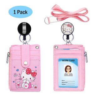 【2024Latest】Cute ID Badge Holder Retractable Lanyard Reel Clip with Heavy Duty Carabiner,5 Card Slots in2 Sided with Key Ring and Zipper for Students Teens Boys Girls Office Staff Women (01 Pink CatA)