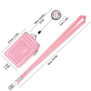 【2024Latest】Cute ID Badge Holder Retractable Lanyard Reel Clip with Heavy Duty Carabiner,5 Card Slots in2 Sided with Key Ring and Zipper for Students Teens Boys Girls Office Staff Women (01 Pink CatA)