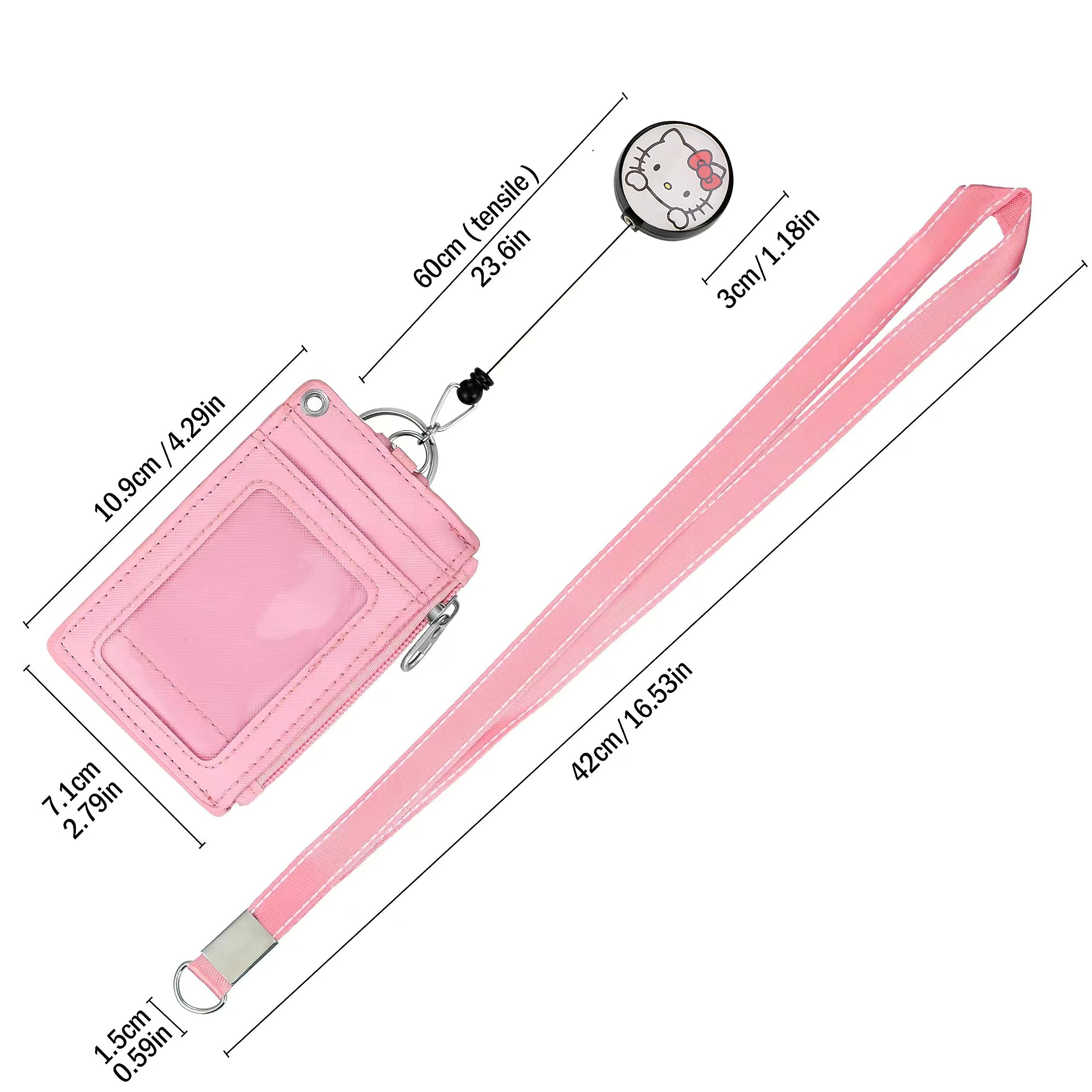 【2024Latest】Cute ID Badge Holder Retractable Lanyard Reel Clip with Heavy Duty Carabiner,5 Card Slots in2 Sided with Key Ring and Zipper for Students Teens Boys Girls Office Staff Women (01 Pink CatA)