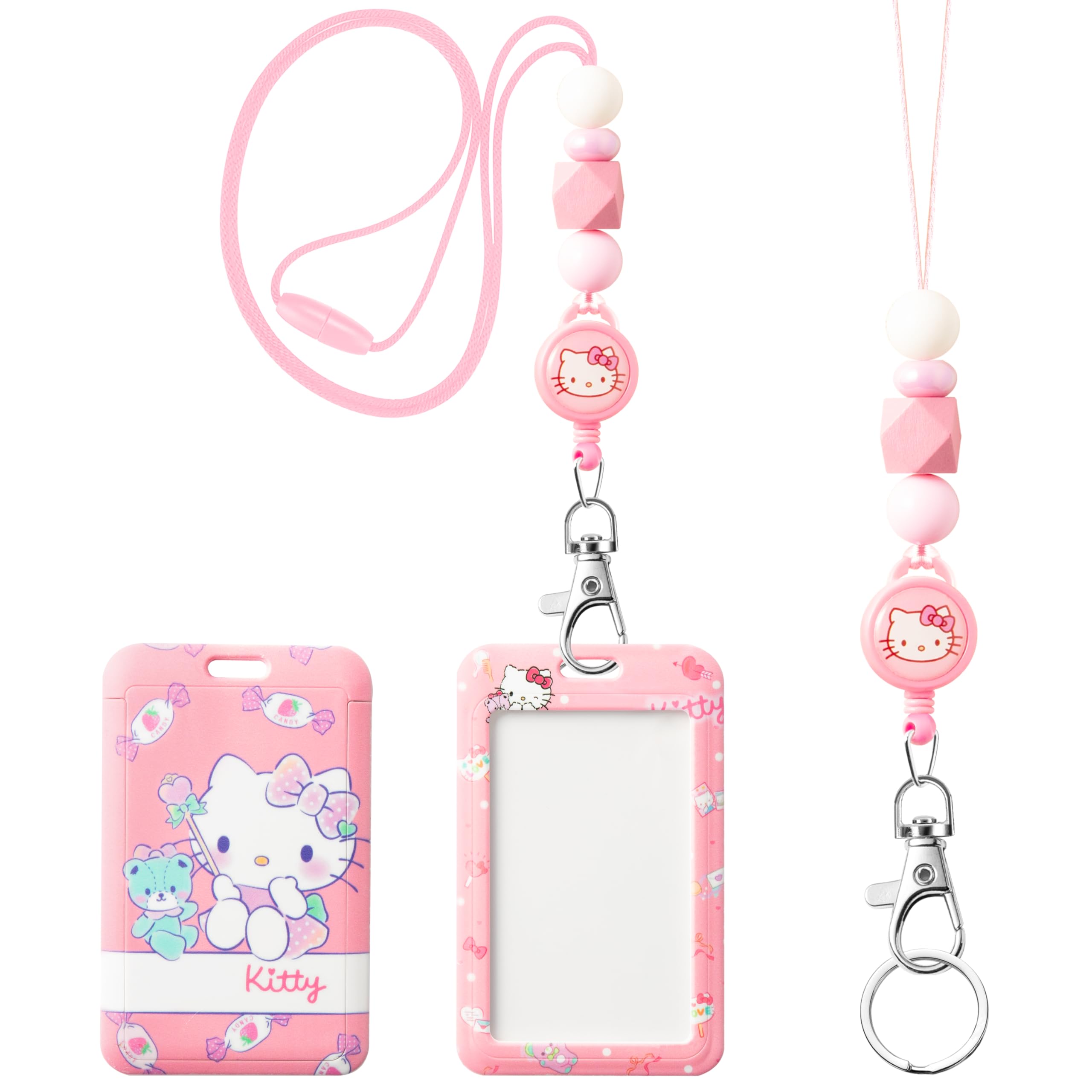 Kawaii Cartoon Anime ID Badge Holder with Beaded Lanyard, Cute Kitty Name Tag ID Card Case Retractable Reel with Breakaway Strap Clip Clasp Back to School Supplies for Kids Girl Student Teacher Nurse