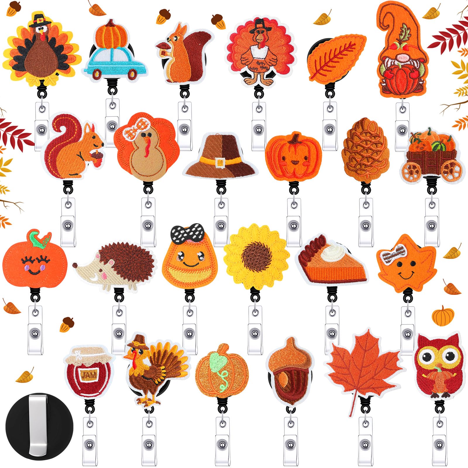 Tinlade 24 Pcs Thanksgiving Badge Reel Retractable Thanksgiving Pumpkin Badge Holders Cute Nurse Badge Reel Holiday Badge Holder with Swivel Clip ID Holder for Nurses, Doctor, Student Teacher Office