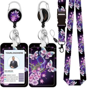 badge lanyard and id badge holder, retractable badge reels with carabiner reel belt clip, strap lanyard with lobster clasp for badge holders, nurse teacher office gifts(blc-purple butterfly)