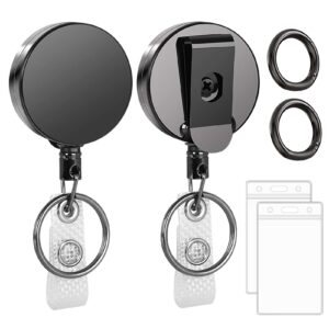 www (2 pack) heavy duty metal retractable badge holders reel with [carabiner] [belt clip key ring ] and [2pcs plastic id card holders] 26.8 inches reinforced wire cord