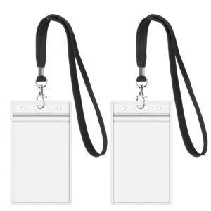 2pack id badge holder with lanyards- heavy duty clear id card holder for lanyard - black lanyards with vertical id badge holder for offices, staff, students, employees