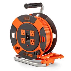 black+decker 50 ft. retractable extension cord reel with 4 outlets, multi-plug extension, easy handle rewind & heavy-duty 14awg sjtw cable