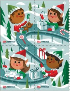 usps holiday elves forever postage stamps (1 booklet, 20 stamps)