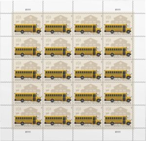 school bus additional ounce postage stamps 1 sheet of 20 students children teachers celebration party announcement (20 stamps), yellow