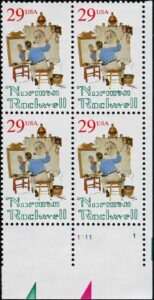 us postal stamps, 1994, norman rockwell, s# 2839, plate block of 4, mnh