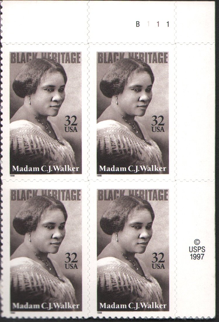 MADAM C. J. WALKER ~ BLACK HERITAGE #3181 Plate Block of 4 x 32 cents US Postage Stamps