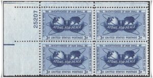 #1070 - 1955 3c atoms for peace postage stamp numbered plate block (4)