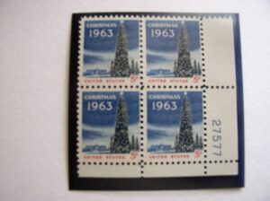 us 1963 postal stamps, national christmas tree and white house, s#1240, pb of 4 5 cent stamps