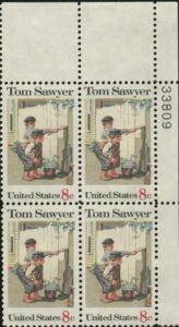 us 1972 postal stamps, tom sawyer, s# 1470, pb of 4 8 cent stamps