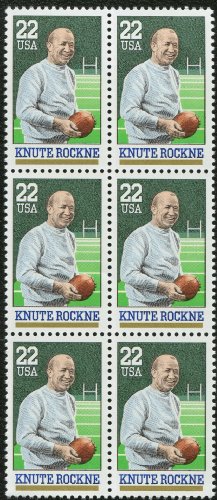 KNUTE ROCKNE ~ NOTRE DAME FOOTBALL #2376 Block of 6 x 22 US Postage Stamps