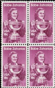 babe zaharias ~ golf ~ olympics ~ women athlete #1932 block of 4 x 18¢ us postage stamps