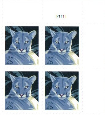 2007 FLORIDA PANTHER #4139a Plate Block 4 x 26 cents US Postage Stamps