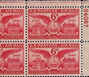 US postage stamps- MNH plate block of 4 x 6 cents- 1949 6c Airmail Alexandria, VA - Catalog # C40