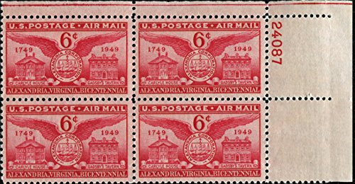 US postage stamps- MNH plate block of 4 x 6 cents- 1949 6c Airmail Alexandria, VA - Catalog # C40