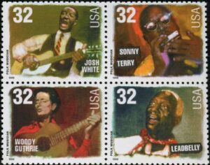 folk musicians ~ josh white ~ sonny terry ~ woody guthrie ~ leadbelly #3215a block of 4 x 32¢ us postage stamps