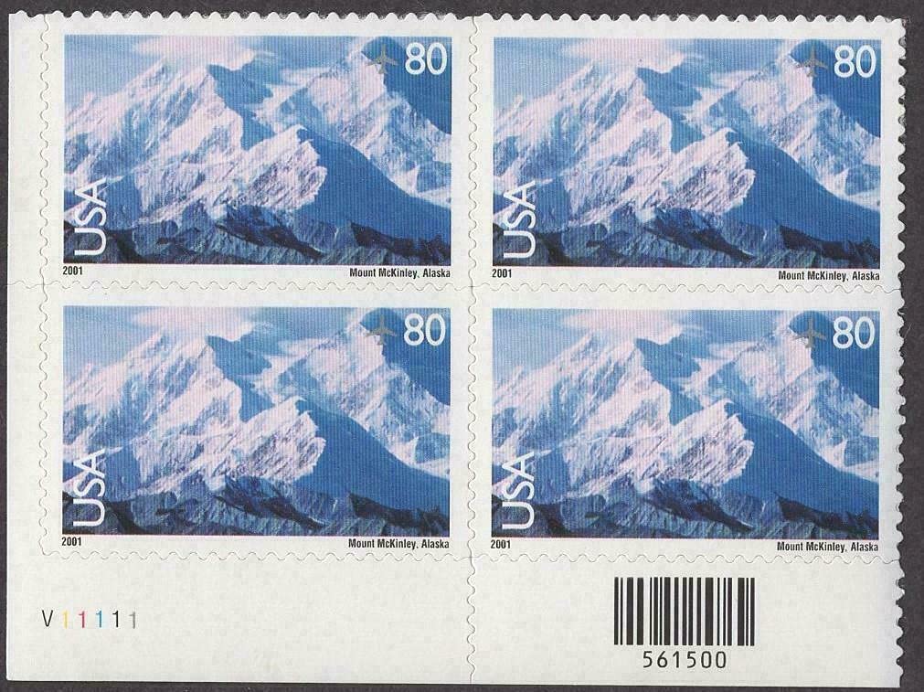 2001 MOUNT MCKINLEY ~ DENALI NATIONAL PARK ~ MOUNTAINS #C137 Airmail Plate Block of 4 x 80 cents US Postage Stamps