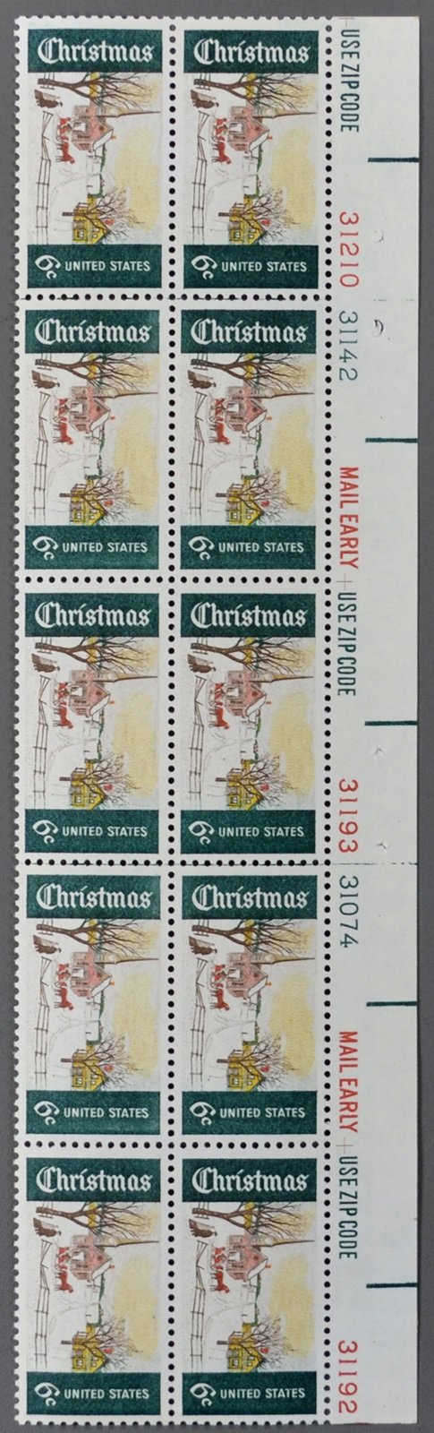 Block 10 1969 US Postal Service Christmas Winter Sunday 6c Stamps Scott 1384