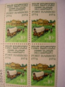 us postage stamps, 1974, fort harrod, first kentucky settlement, s# 1542, plate block of 4 10 cent stamps