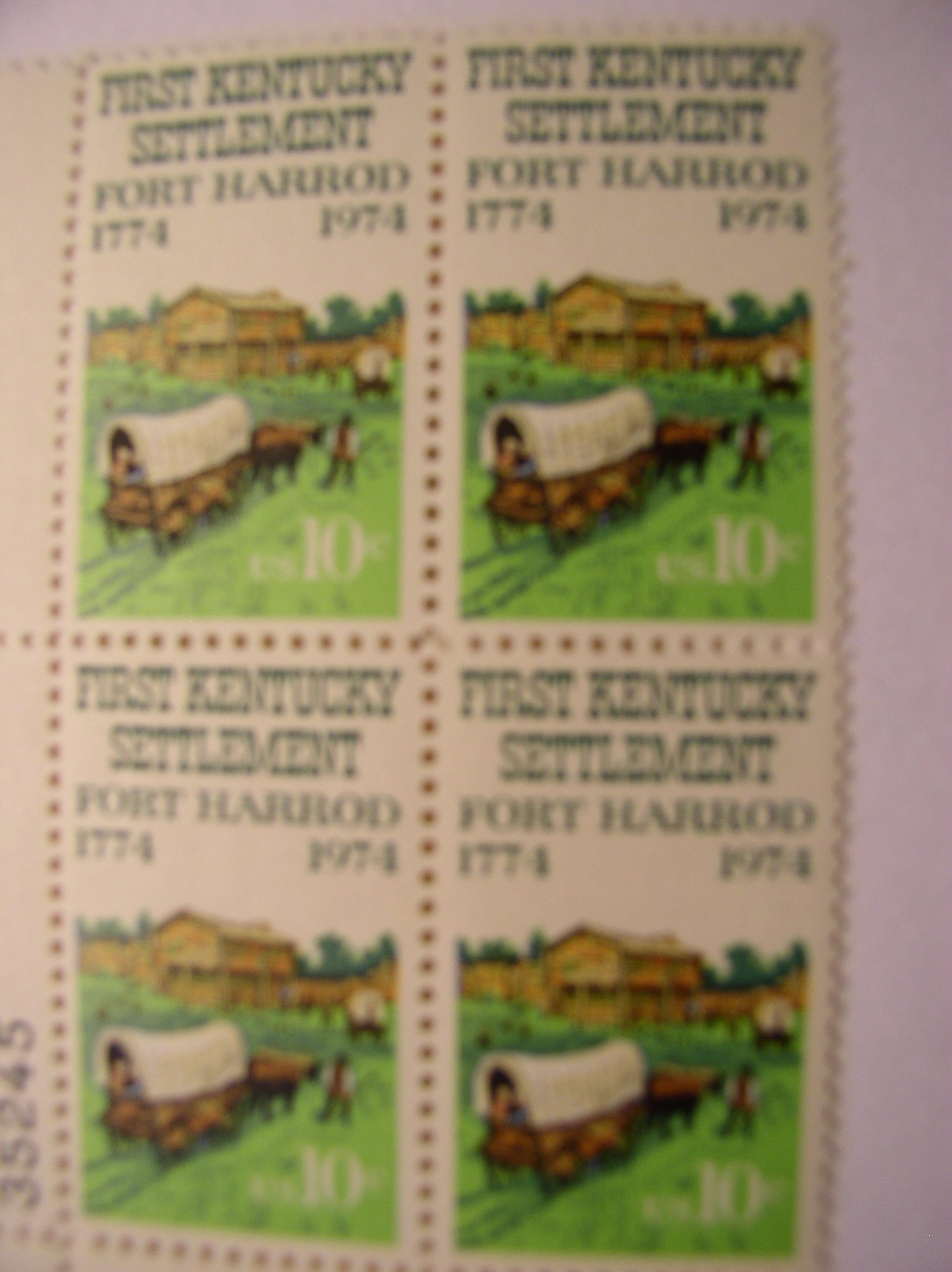 US Postage Stamps, 1974, Fort Harrod, First Kentucky Settlement, S# 1542, Plate Block of 4 10 Cent Stamps