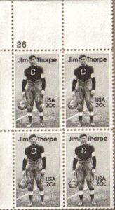 jim thorpe ~ football ~ olympics ~ baseball ~ basketball #2089 plate block of 4 x 20¢ us postage stamps