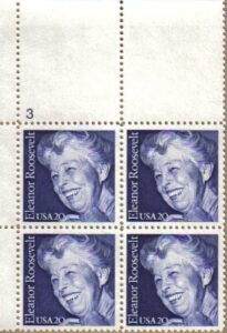 eleanor roosevelt #2105 plate block of 4 x 20¢ us postage stamps