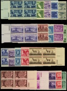 20 different u.s. 3 cent plate blocks of four stamps. all at least 57 years old