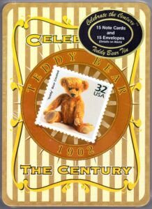 usps celebate the century 1902 teddy bear in a stamp collector's tin box with 15 note cards and 15 envelopes that celebrate the creation of the teddy bear