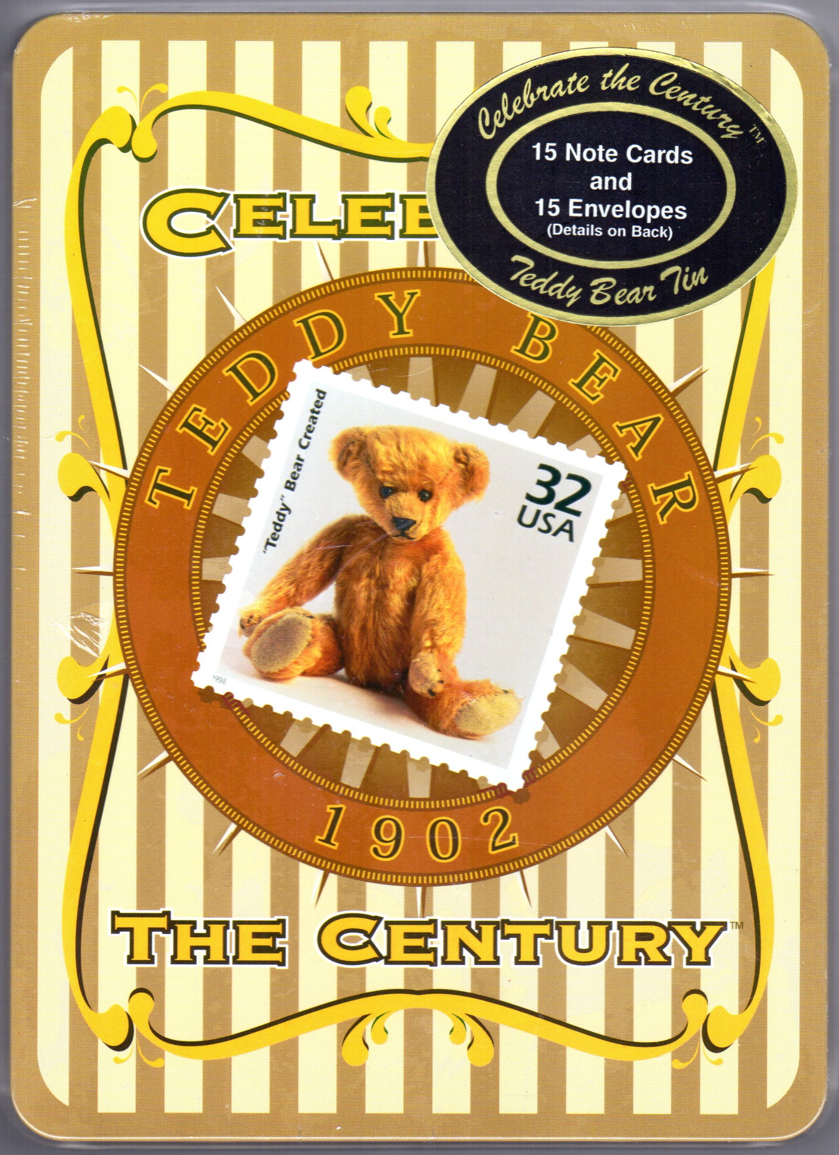 USPS Celebate the Century 1902 Teddy Bear in a Stamp Collector's Tin Box with 15 Note Cards and 15 Envelopes That Celebrate the Creation of the teddy Bear