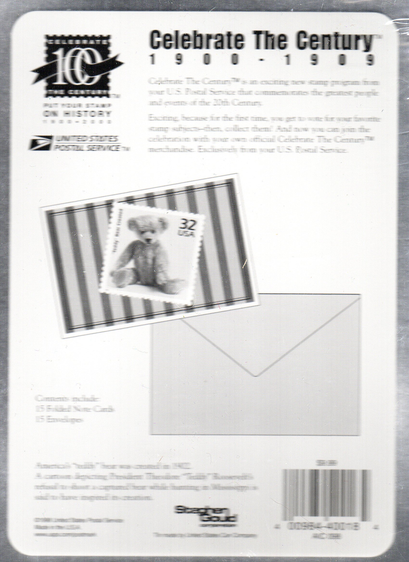 USPS Celebate the Century 1902 Teddy Bear in a Stamp Collector's Tin Box with 15 Note Cards and 15 Envelopes That Celebrate the Creation of the teddy Bear