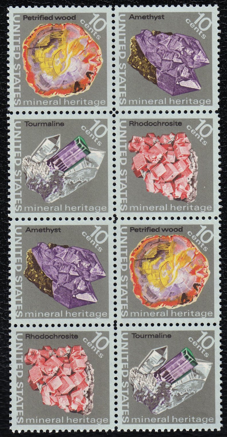 GEMS ~ MINERAL HERITAGE ~ AMETHYST ~ RHODOCHROSITE ~ TOURMALINE ~ PETRIFIED WOOD #1541a Block of 8 x 10¢ US Postage Stamps