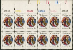 christmas angels ~ master of st lucy legend #1471 plate block of 12 x 8¢ us postage stamps