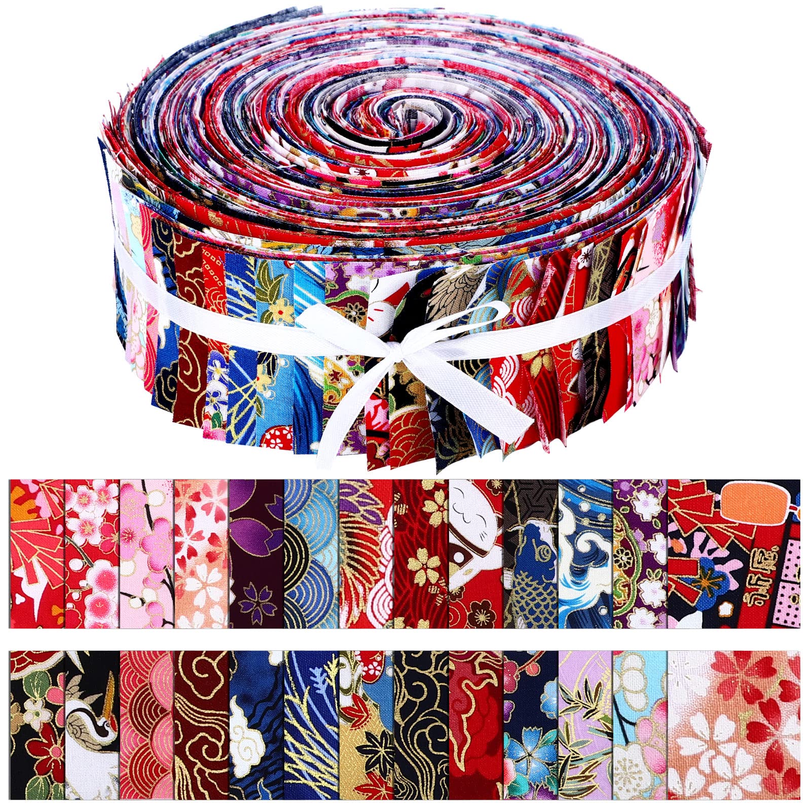 70 Pcs Japanese Jelly Cotton Fabric Patchwork Roll, 2.55 Inch Cotton Fabric Quilting Strips Roll up Jelly Fabric Patchwork Cotton Fabric for Quilters and Sewing DIY Crafts